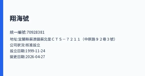 翔海號的照片-統編 70928381(宜蘭縣) 公司登記資料與營業項目詳細圖表