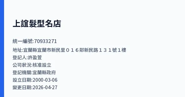上誼髮型名店的照片-統編 70933271(宜蘭縣) 公司登記資料與營業項目詳細圖表