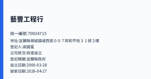 藝豐工程行的照片-統編 70934715(宜蘭縣) 公司登記資料與營業項目詳細圖表