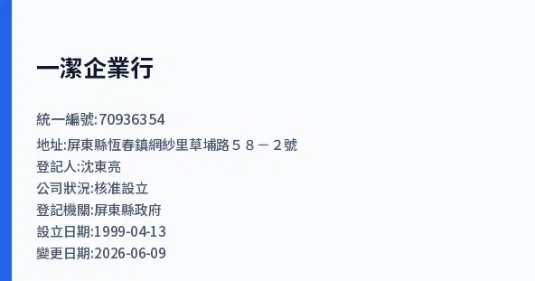 一潔企業行的照片-統編 70936354(屏東縣) 公司登記資料與營業項目詳細圖表