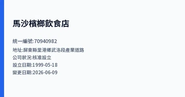 馬沙檳榔飲食店的照片-統編 70940982(屏東縣) 公司登記資料與營業項目詳細圖表