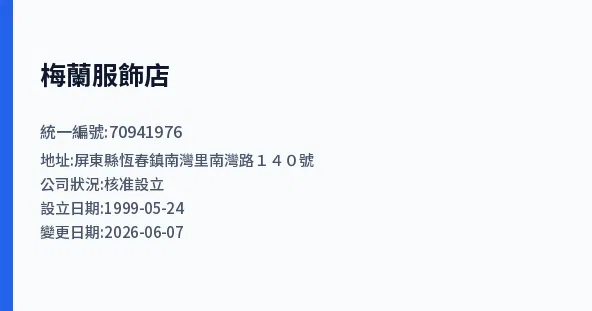 梅蘭服飾店的照片-統編 70941976(屏東縣) 公司登記資料與營業項目詳細圖表