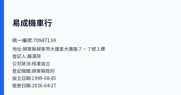 易成機車行的照片-統編 70947134(屏東縣) 公司登記資料與營業項目詳細圖表