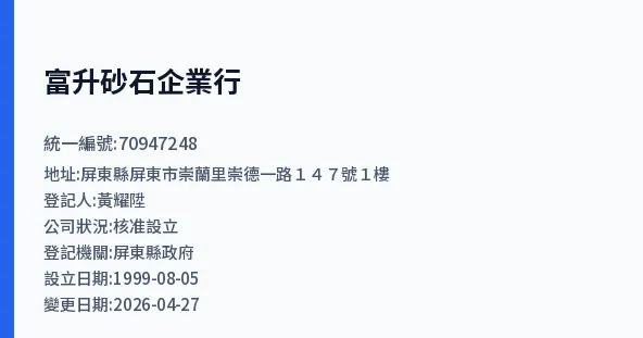 富升砂石企業行的照片-統編 70947248(屏東縣) 公司登記資料與營業項目詳細圖表