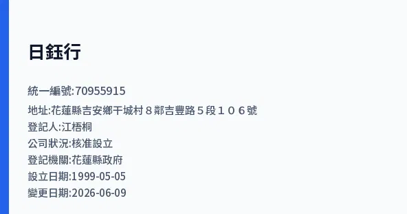 日鈺行的照片-統編 70955915(花蓮縣) 公司登記資料與營業項目詳細圖表