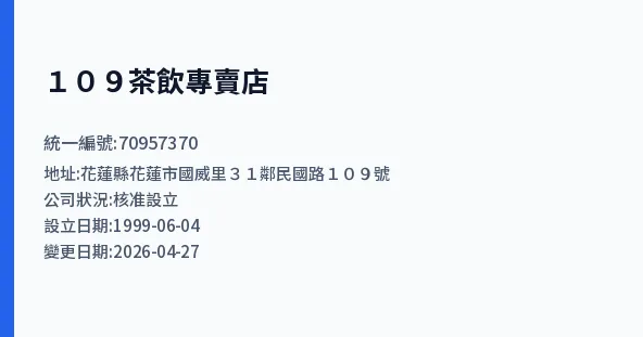 109茶飲專賣店的照片-統編 70957370(花蓮縣) 公司登記資料與營業項目詳細圖表