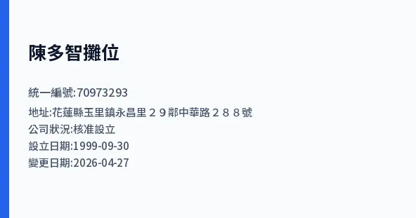 陳多智攤位的照片-統編 70973293(花蓮縣) 公司登記資料與營業項目詳細圖表