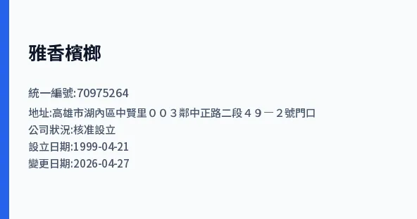 雅香檳榔的照片-統編 70975264(高雄市) 公司登記資料與營業項目詳細圖表