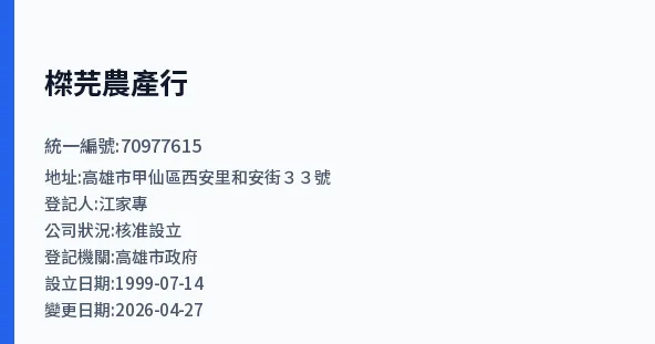 榤芫農產行的照片-統編 70977615(高雄市) 公司登記資料與營業項目詳細圖表