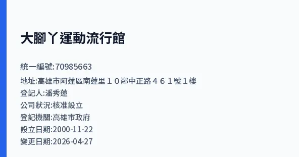 大腳丫運動流行館的照片-統編 70985663(高雄市) 公司登記資料與營業項目詳細圖表