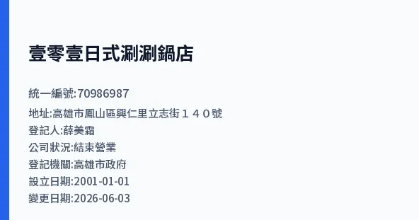 壹零壹日式涮涮鍋店的照片-統編 70986987(高雄市) 公司登記資料與營業項目詳細圖表