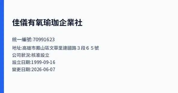 佳儀有氧瑜珈企業社的照片-統編 70991623(高雄市) 公司登記資料與營業項目詳細圖表