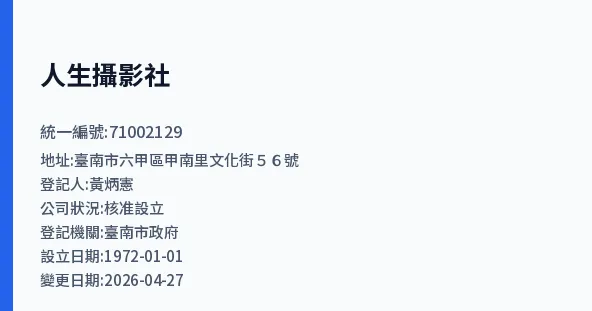 人生攝影社的照片-統編 71002129(臺南市) 公司登記資料與營業項目詳細圖表