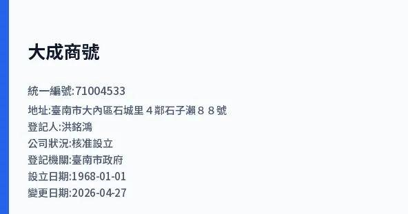 大成商號的照片-統編 71004533(臺南市) 公司登記資料與營業項目詳細圖表