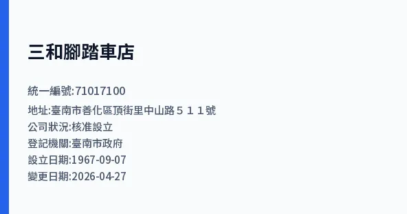 三和腳踏車店的照片-統編 71017100(臺南市) 公司登記資料與營業項目詳細圖表