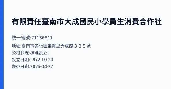 有限責任臺南市大成國民小學員生消費合作社的照片-統編 71136611(臺南市) 公司登記資料與營業項目詳細圖表