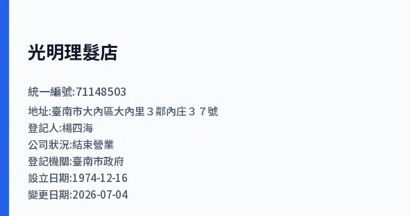 光明理髮店的照片-統編 71148503(臺南市) 公司登記資料與營業項目詳細圖表