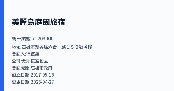 美麗島庭園旅宿的照片-統編 71209000(高雄市) 公司登記資料與營業項目詳細圖表