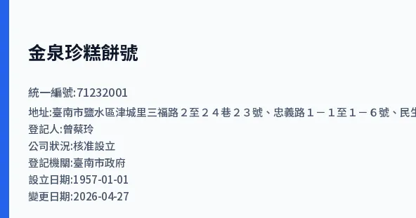 金泉珍糕餅號的照片-統編 71232001(臺南市) 公司登記資料與營業項目詳細圖表