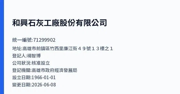 和興石灰工廠股份有限公司的照片-統編 71299902(高雄市) 公司登記資料與營業項目詳細圖表