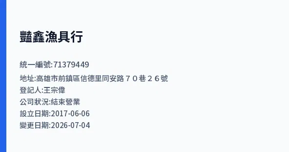 豔鑫漁具行的照片-統編 71379449(高雄市) 公司登記資料與營業項目詳細圖表