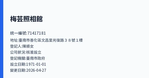 梅芸照相館的照片-統編 71417181(臺南市) 公司登記資料與營業項目詳細圖表