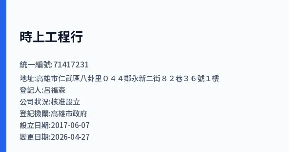 時上工程行的照片-統編 71417231(高雄市) 公司登記資料與營業項目詳細圖表