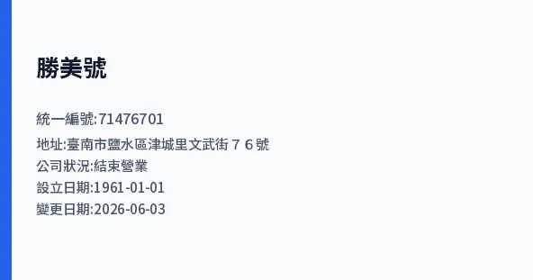 勝美號的照片-統編 71476701(臺南市) 公司登記資料與營業項目詳細圖表