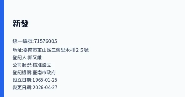 新發的照片-統編 71576005(臺南市) 公司登記資料與營業項目詳細圖表