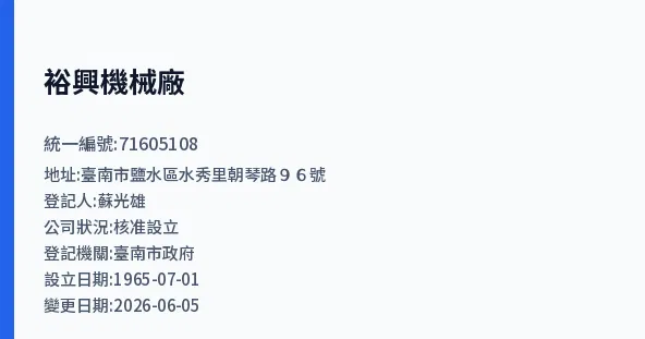裕興機械廠的照片-統編 71605108(臺南市) 公司登記資料與營業項目詳細圖表