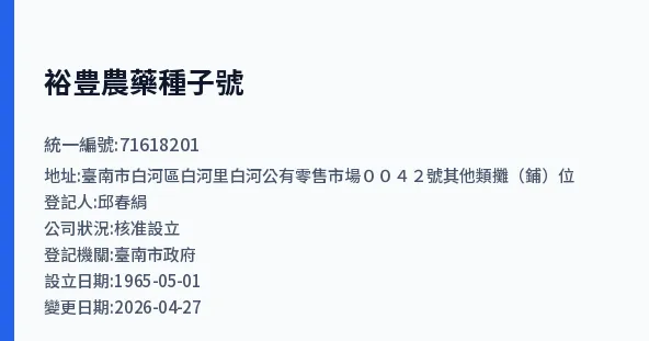 裕豊農藥種子號的照片-統編 71618201(臺南市) 公司登記資料與營業項目詳細圖表