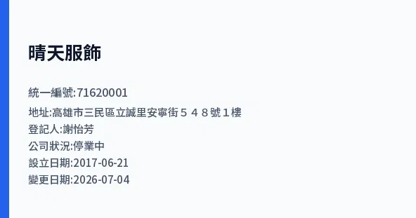 晴天服飾的照片-統編 71620001(高雄市) 公司登記資料與營業項目詳細圖表