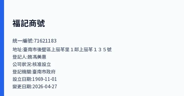福記商號的照片-統編 71621183(臺南市) 公司登記資料與營業項目詳細圖表