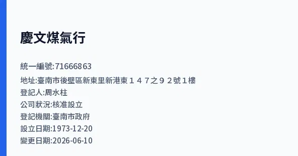 慶文煤氣行的照片-統編 71666863(臺南市) 公司登記資料與營業項目詳細圖表