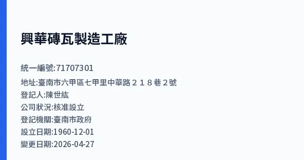 興華磚瓦製造工廠的照片-統編 71707301(臺南市) 公司登記資料與營業項目詳細圖表