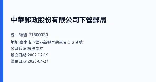 中華郵政股份有限公司下營郵局的照片-統編 71800030(臺南市) 公司登記資料與營業項目詳細圖表