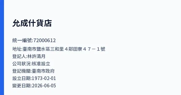 允成什貨店的照片-統編 72000612(臺南市) 公司登記資料與營業項目詳細圖表