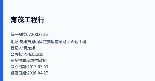 育茂工程行的照片-統編 72002816(高雄市) 公司登記資料與營業項目詳細圖表
