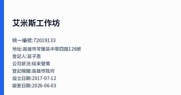 艾米斯工作坊的照片-統編 72019133(高雄市) 公司登記資料與營業項目詳細圖表