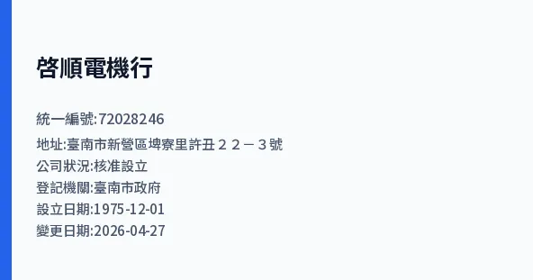 啓順電機行的照片-統編 72028246(臺南市) 公司登記資料與營業項目詳細圖表