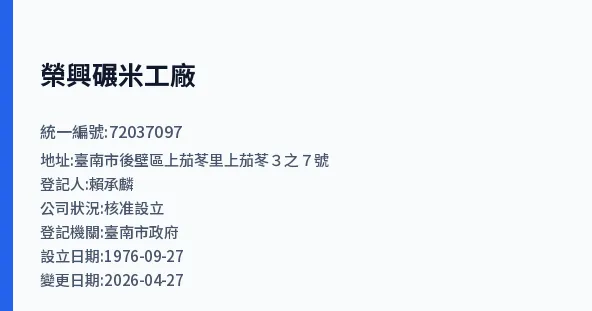 榮興碾米工廠的照片-統編 72037097(臺南市) 公司登記資料與營業項目詳細圖表