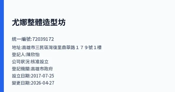 尤娜整體造型坊的照片-統編 72039172(高雄市) 公司登記資料與營業項目詳細圖表