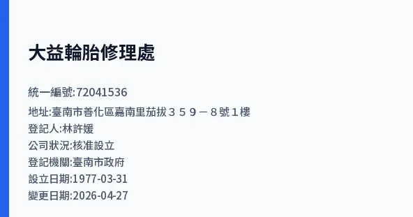 大益輪胎修理處的照片-統編 72041536(臺南市) 公司登記資料與營業項目詳細圖表