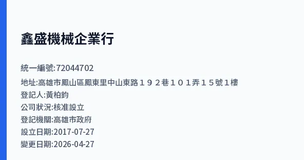 鑫盛機械企業行的照片-統編 72044702(高雄市) 公司登記資料與營業項目詳細圖表