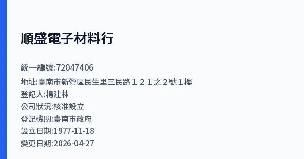 順盛電子材料行的照片-統編 72047406(臺南市) 公司登記資料與營業項目詳細圖表