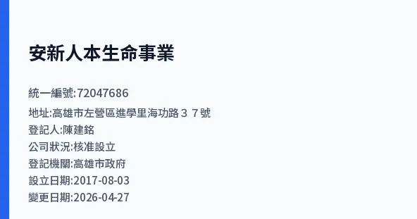 安新人本生命事業的照片-統編 72047686(高雄市) 公司登記資料與營業項目詳細圖表