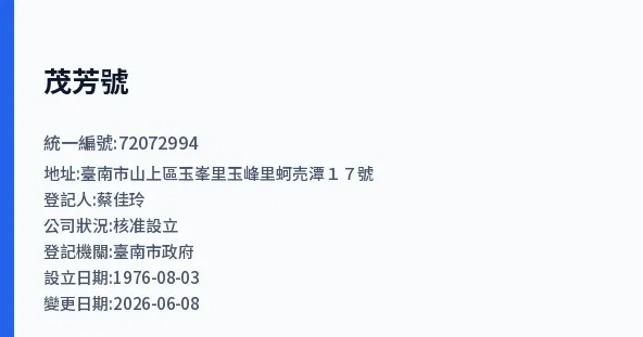 茂芳號的照片-統編 72072994(臺南市) 公司登記資料與營業項目詳細圖表