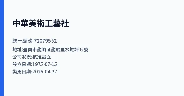 中華美術工藝社的照片-統編 72079552(臺南市) 公司登記資料與營業項目詳細圖表