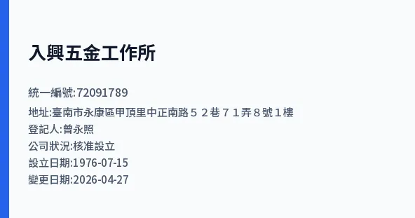 入興五金工作所的照片-統編 72091789(臺南市) 公司登記資料與營業項目詳細圖表