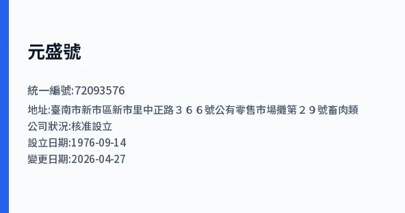 元盛號的照片-統編 72093576(臺南市) 公司登記資料與營業項目詳細圖表